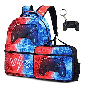 HSELOGI Gamer Backpack for Boys Girls, Kids Gaming Backpack with Lunch Bag, 17" Laptop Backpack School BookBag Set with Keychain