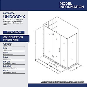 DreamLine Unidoor-X 58 1/2 in. W x 34 3/8 in. D x 72 in. H Frameless Hinged Shower Enclosure in Chrome, E32806534L-01