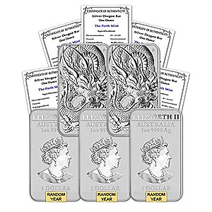 2018 - Present (Random Year) P Lot of (5) 1 oz Silver Bars Australia Perth Mint Dragon Series Rectangular Coins Brilliant Uncirculated with Certificates of Authenticity $1 BU