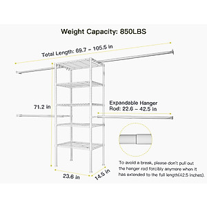 Ulif M2 Closet Organizer System, 5.9 Feet Height Mounted to the Wall Garment Rack with 4 Expandable Hanger Rods, 5 Shelves in 23.6" L x 14.5" W, Suit Total Space from 5.8-8.8 ft, White