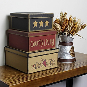 CVHOMEDECO. Farmhouse Square “Country Living” Cardboard Nesting Boxes for Photos Memories Keepsakes, Large 9 X 9 X 4-1/2 Inch. Set of 3.