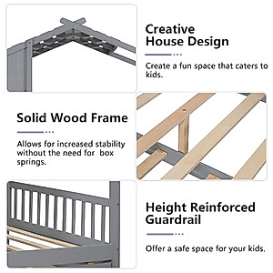 HUMEHA Twin Bed Frames for Kids, House Bed with Trundle and Shelves, Wood Playhouse Platform Bed Frame with Window and Fence for Boys Girls, Gray, 74.4" L x 42.7" W x 72" H