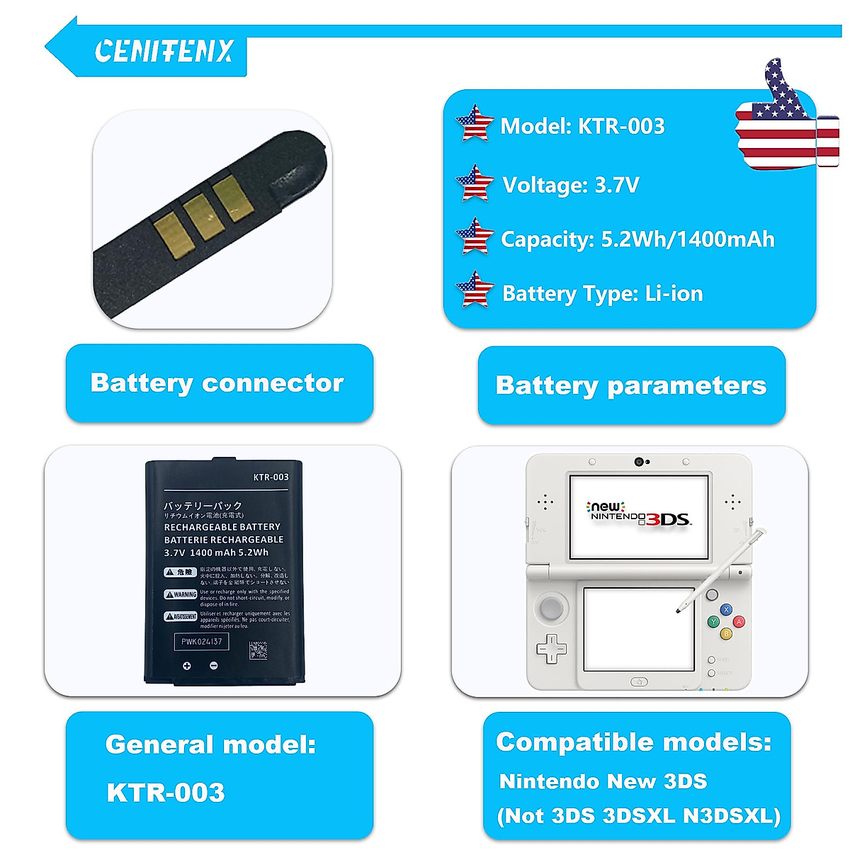 CENIFENX New 3DS Battery, KTR-003 3.7V 1400mAh Replacement for Nintendo New 3DS Game Player Battery, with Repair Tool Kit (Not for Nintendo 3DS, 3DS XL, New 3DS XL)