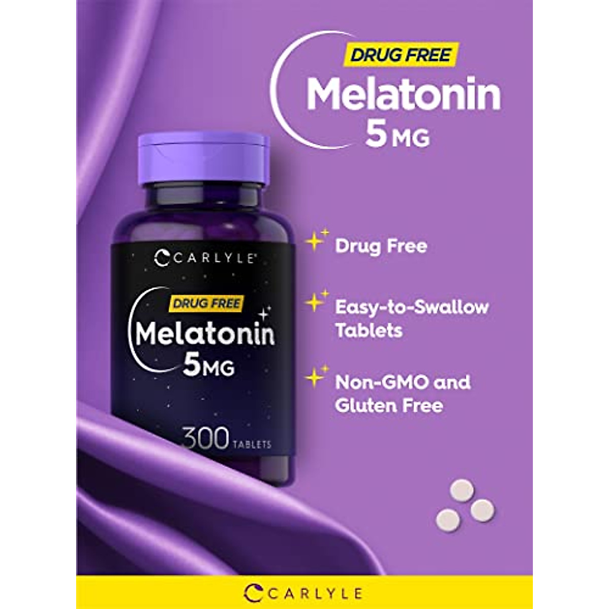 Carlyle Melatonin 5mg | 300 Tablets | Drug Free Supplement | Vegetarian, Non-GMO, Gluten Free