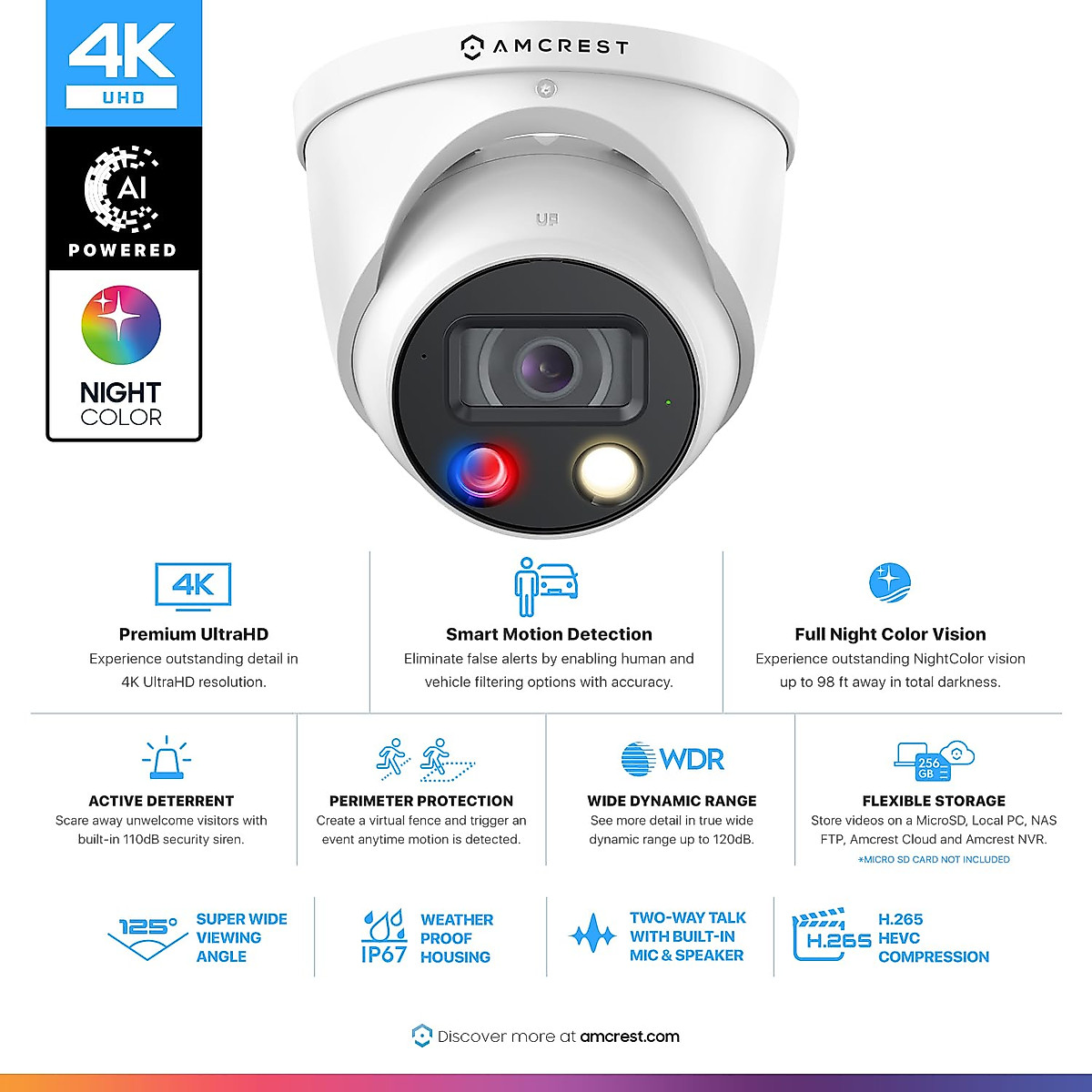 Amcrest UltraHD 4K (8MP) IP POE AI Camera, 4K @30fps, 98ft Night Color Vision F1.0, Security Outdoor Turret Camera, Vehicle & Human Detection, Active Deterrents, Built in Microphone, IP8M-DT3949EW-3AI