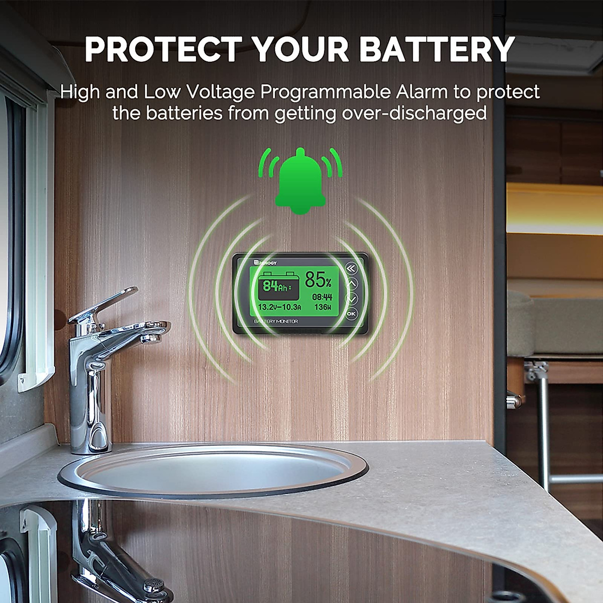 Renogy 500A Battery Monitor with Shunt, High and Low Voltage Programmable Alarm, Range 10V-120V up to 500A, 20ft Shielded Cable, Compatible 12V Lithium Sealed, Gel, Flooded Batteries,Black