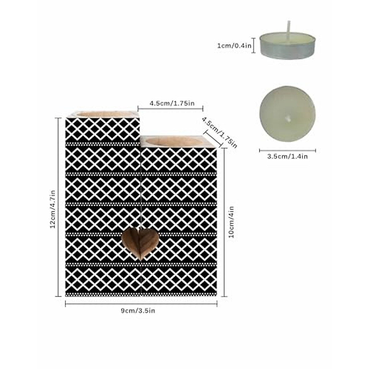 Black Stripe Candle Holder with Tea Light,Vintage Wood Tealight Candle Stick Holder Pillar Centerpiece,Heart-Shaped Tall Wooden Tea Light Candle Holders Set Geometry Abstract Contemporary Boho Dot