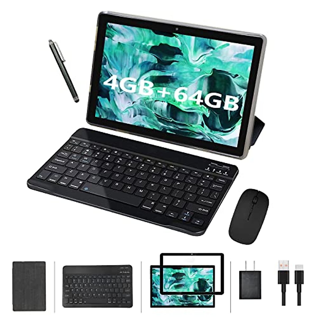 2 in 1 Tablet 10 Inch, Android 11.0 Tablet with Keyboard Case, 4GB+64GB ROM/512GB Computer Tablets, Quad Core, HD Touch Screen, Dual Carema, Games, Wi-Fi，BT, Google GMS Certified Tablet PC