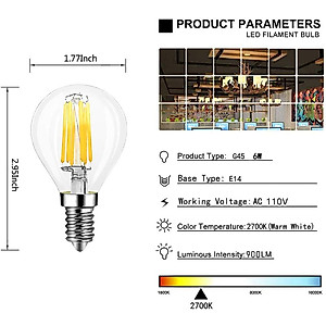 E14 6W G45 Dimmable LED Filament Bulb, 2700K Warm White 900LM Edison Candle Light Bulb, G45 Clear Glass Globe Cover, 60 Watt Equivalent, AC 110V,4-Pack