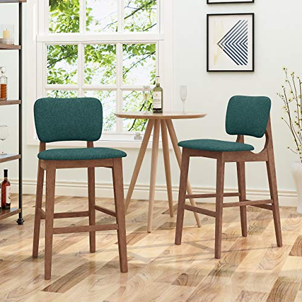 Christopher Knight Home Luella 42" Wooden Bar Chair with Fabric Seats (Set of 2), Dark Green and Walnut Finish