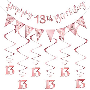 Rose Gold 13th Birthday Decoration for Girls, Happy 13th Birthday Banner Bunting Swirls, Triangle Flag Banner for 13 Birthday Party Decorations Supplies