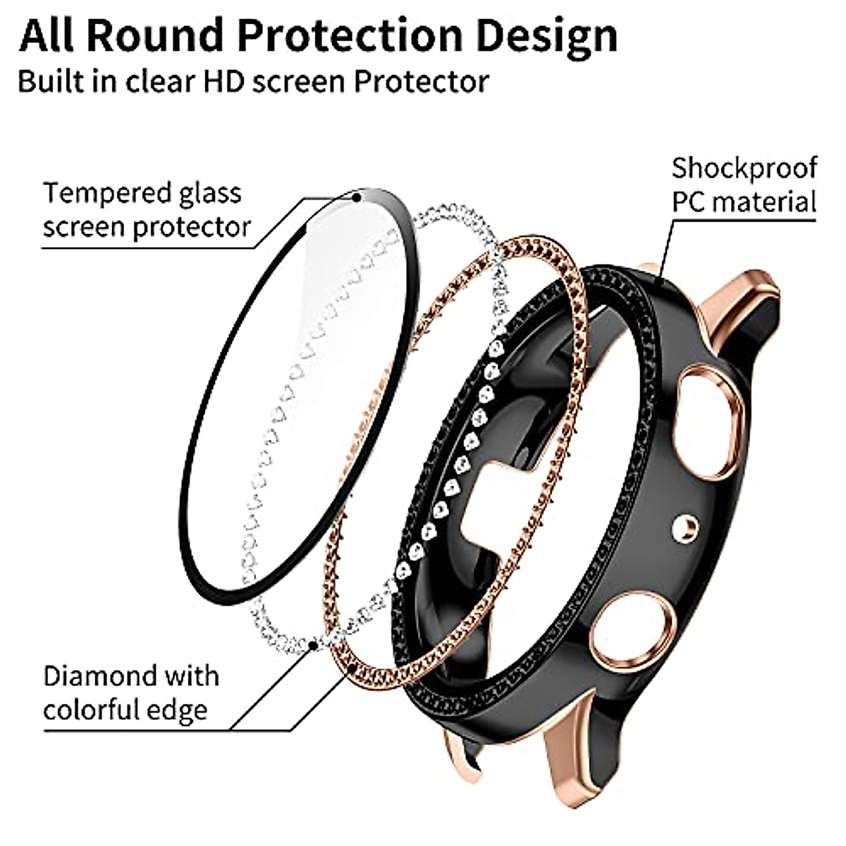 GEAK Compatible with Samsung Galaxy Watch Active 2 Case 40mm, Overall Guard Diamonds HD Screen Protector with Rose Gold Edges Design for Samsung Active 2 Watch Women Girls 40mm Black/Rosegold