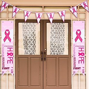 3 Pieces Breast Cancer Banner Breast Cancer Awareness Decorations includes Pink Pennant Banner, 2 Pieces Breast Cancer Awareness Pink Ribbon Banner for Party Event Decoration Supplies
