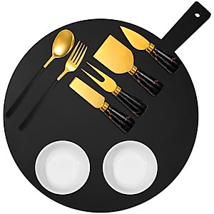 Maxcheck 9 Pcs Charcuterie Board and Serving Set Bamboo Serving Board Ceramic Dish with Knife Set Stainless Steel Spoon Fork Charcuterie Boards Accessories for Gift Supplies Home Housewarming (Black)