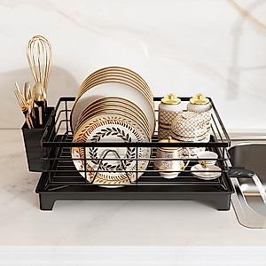 MAJALiS 304 Stainless Steel Dish Drying Rack for Kitchen Counter, 2 Tier Large Dish Draines, Dish Strainers with Drainboard Set, Dish Dryer Rack with Utensil Holder, Knife Holder (Black)