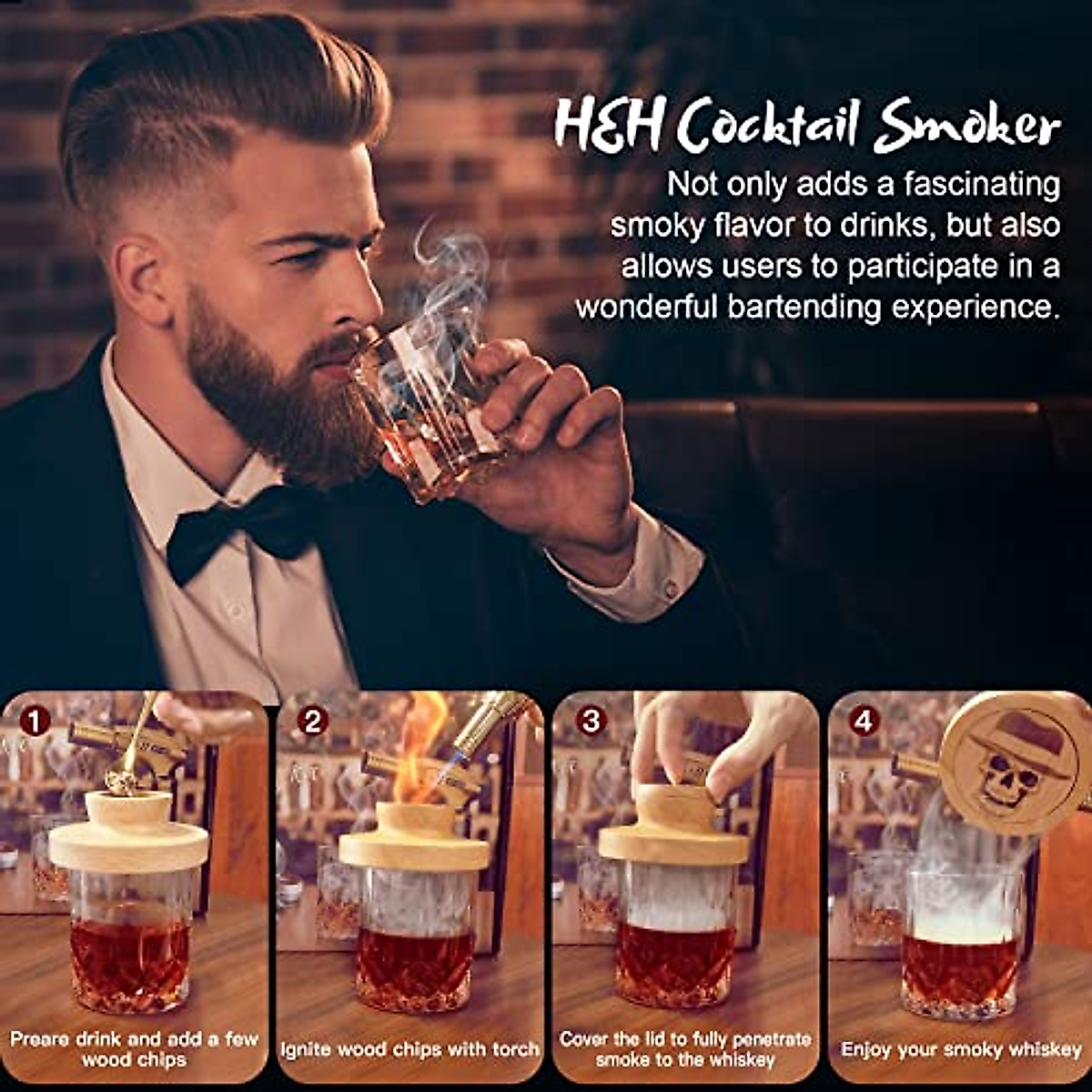 HEH Cocktail Smoker Kit with Torch, Old Fashioned Smoker Kit with 8 Smoking Wood Chips Flavors for Infusing Smoke into Cocktail Whiskey Bourbon, Gift for Father, Husband, Boyfriend(No Butane)
