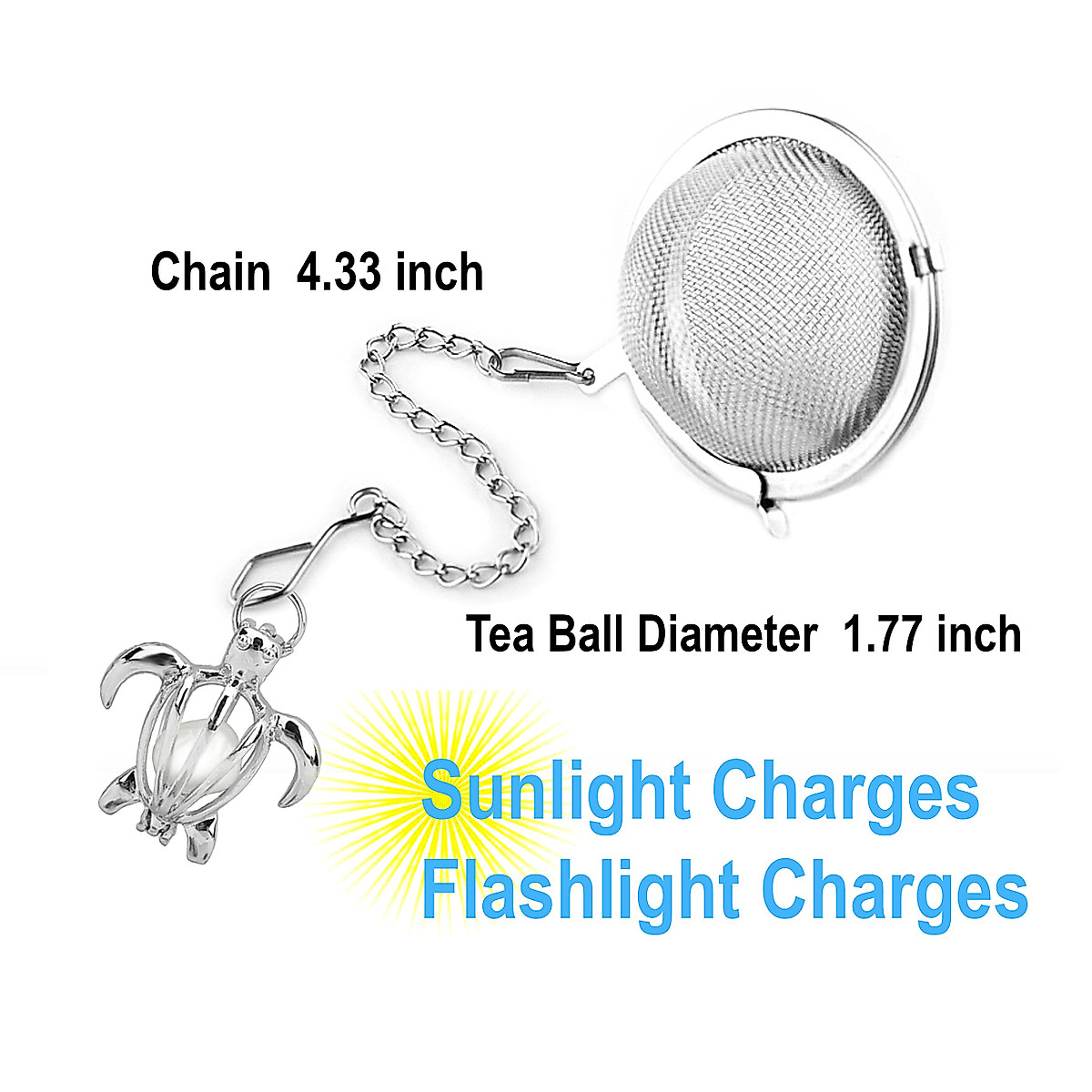 2pcs Tea Infuser TeaSanavie Loose Leaf Tea Steeper Stainless Steel Tea Ball Mesh Tea Strainer Silver Glow In The Dark Turtle Pendant Tea Filter with Extended Chain Hook for Brew Fine Loose Tea Leave