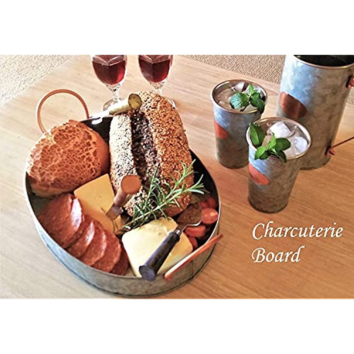 Galrose Rustic Galvanized Metal Serving Tray – Rose Gold Handles for Drinks Bar Table Centerpiece Sturdy Oval Decorative Serving Tray Platter. 6th Iron Anniversary Housewarming or Retirement Gift