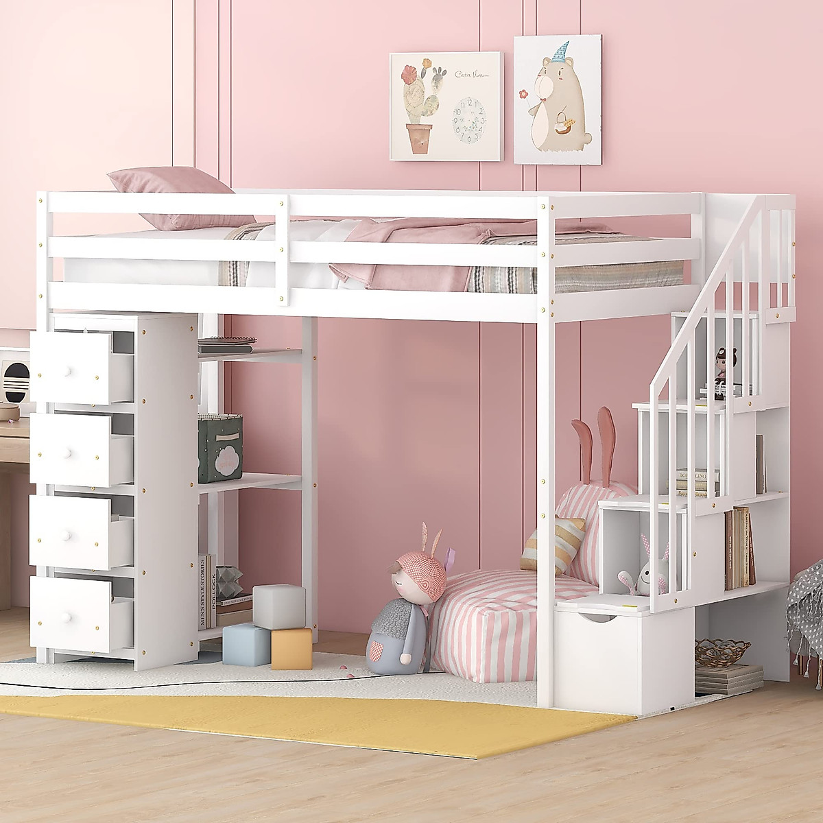 MERITLINE Twin Size Loft Bed with Stairs and Storage,Wooden Twin Loft Bed with 4 Drawers and Shelves, Kids Loft Bed Twin for Girls Boys Bedroom, Dorm(Twin,White)