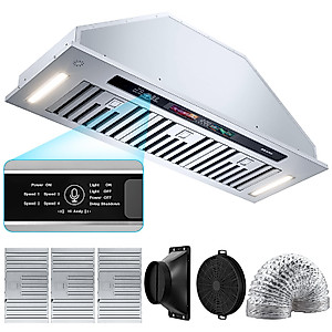 BRANO Range Hood Insert 36 Inch, 900 CFM Smart Voice/Gesture/Touch Control, 4 Speed Exhaust Fan, Stainless Steel Kitchen Hood with Charcoal Filter, Ducted/Ductless Convertible