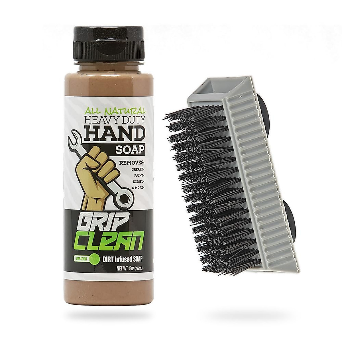 Grip Clean Squeeze Bottle & Brush Combo - Heavy-Duty Degreaser Hand Cleaner & Nail Brush Set - Tackle Grease, Oil, & Grime with Natural Pumice Soap & Nail Cleaning Scrub for Clean Hands & Nails