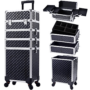 Stagiant Rolling Makeup Train Case Large Storage Cosmetic Trolley 4 in 1 Large Capacity Trolley Makeup Travel Case with Key Swivel Wheels Salon Barber Case Traveling Cart Trunk - Black