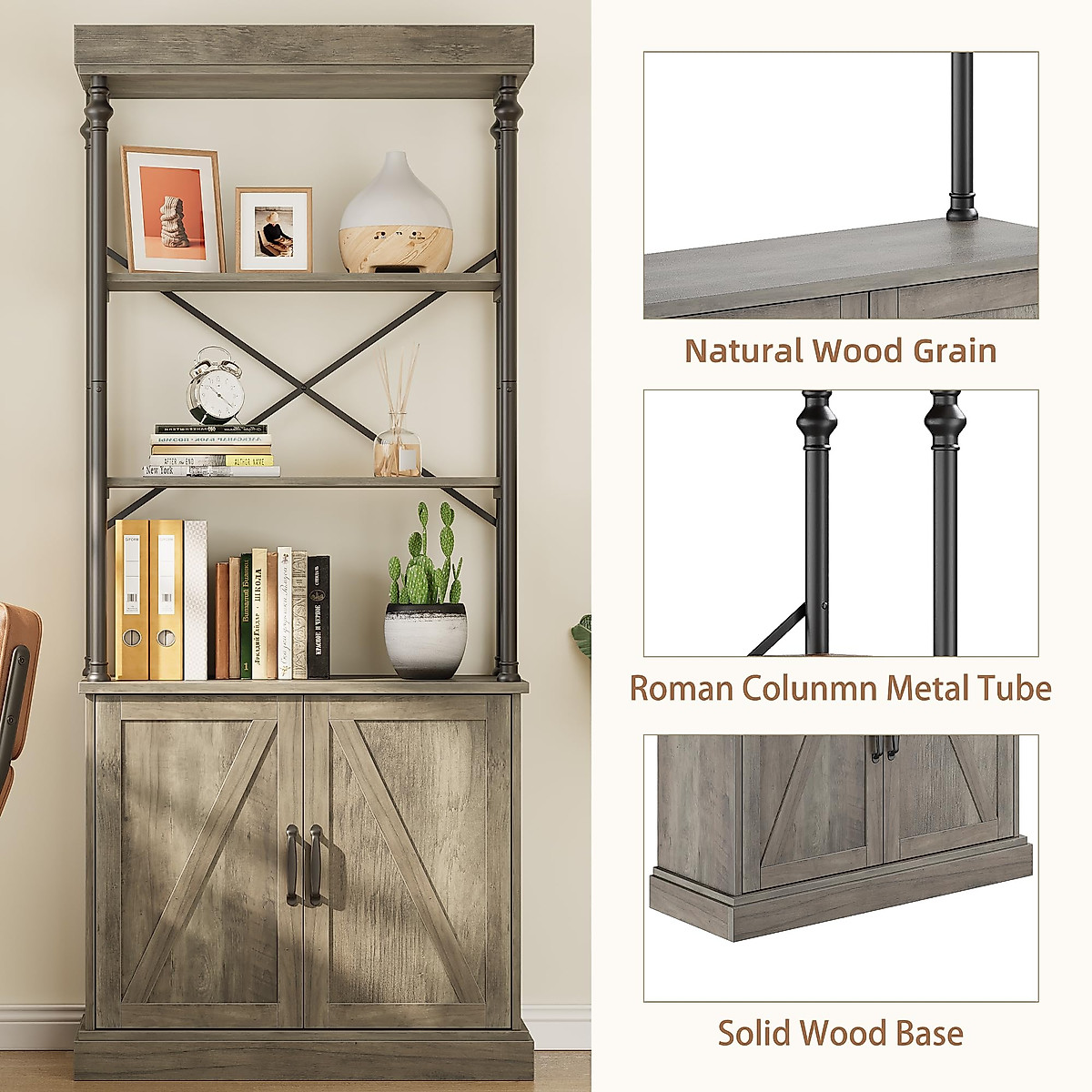 IDEALHOUSE Tall Bookshelf with Doors 73.62in Industrial Storage Open Rack Shelf with Cabinet Wood and Metal Bookcase Farmhouse Bookshelves Large Vintage Display Rack Home Office