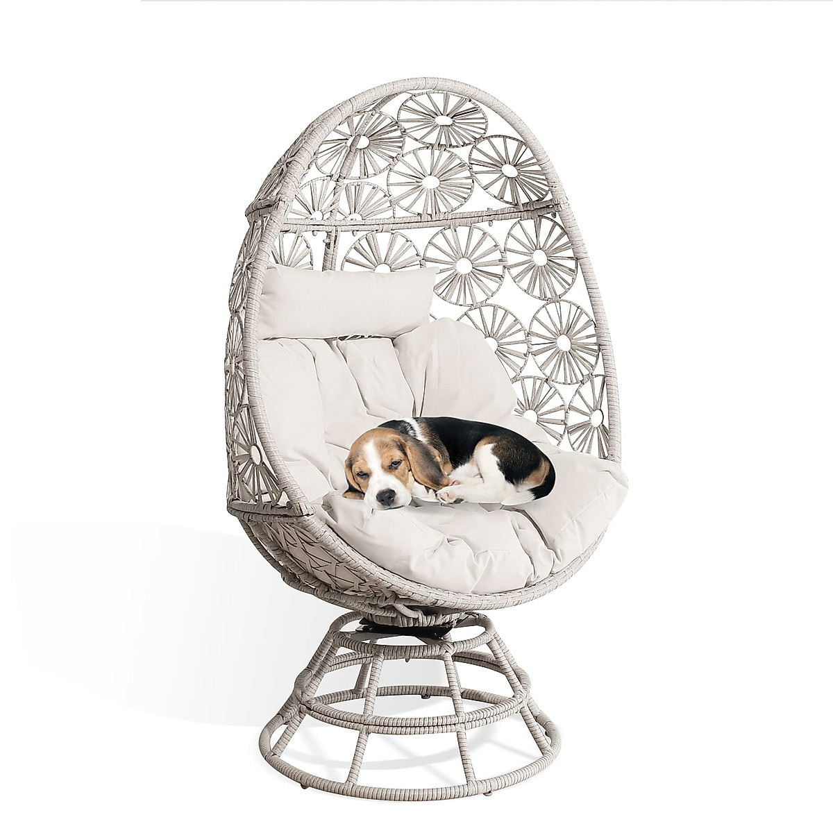 Ulax furniture Wicker Egg Chair, Nest Basket Indoor/Outdoor Lounger for Patio, Backyard, Living Room, Swivel Egg Chair with Cushion (Beige)