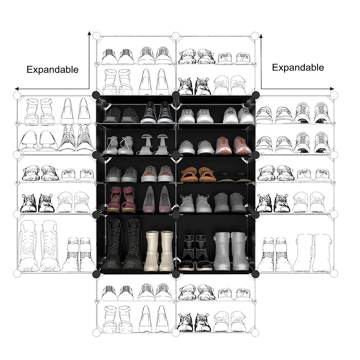 BASTUO 6 Cubes Shoe Rack with Door, 24 Pair Plastic Shoe Rack with Door, for Livingroom, Bedroom and Office (Black)