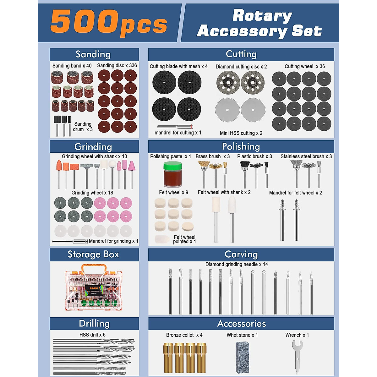 CHILEAD Rotary Tool Accessories Kit, 500 Pcs Accessory Set, 1/8"(3.2mm) Diameter Shanks, Universal Fitment Bits for Easy Cutting, Sanding, Grinding, Sharpening, Carving, Drilling, Polishing, Engraving