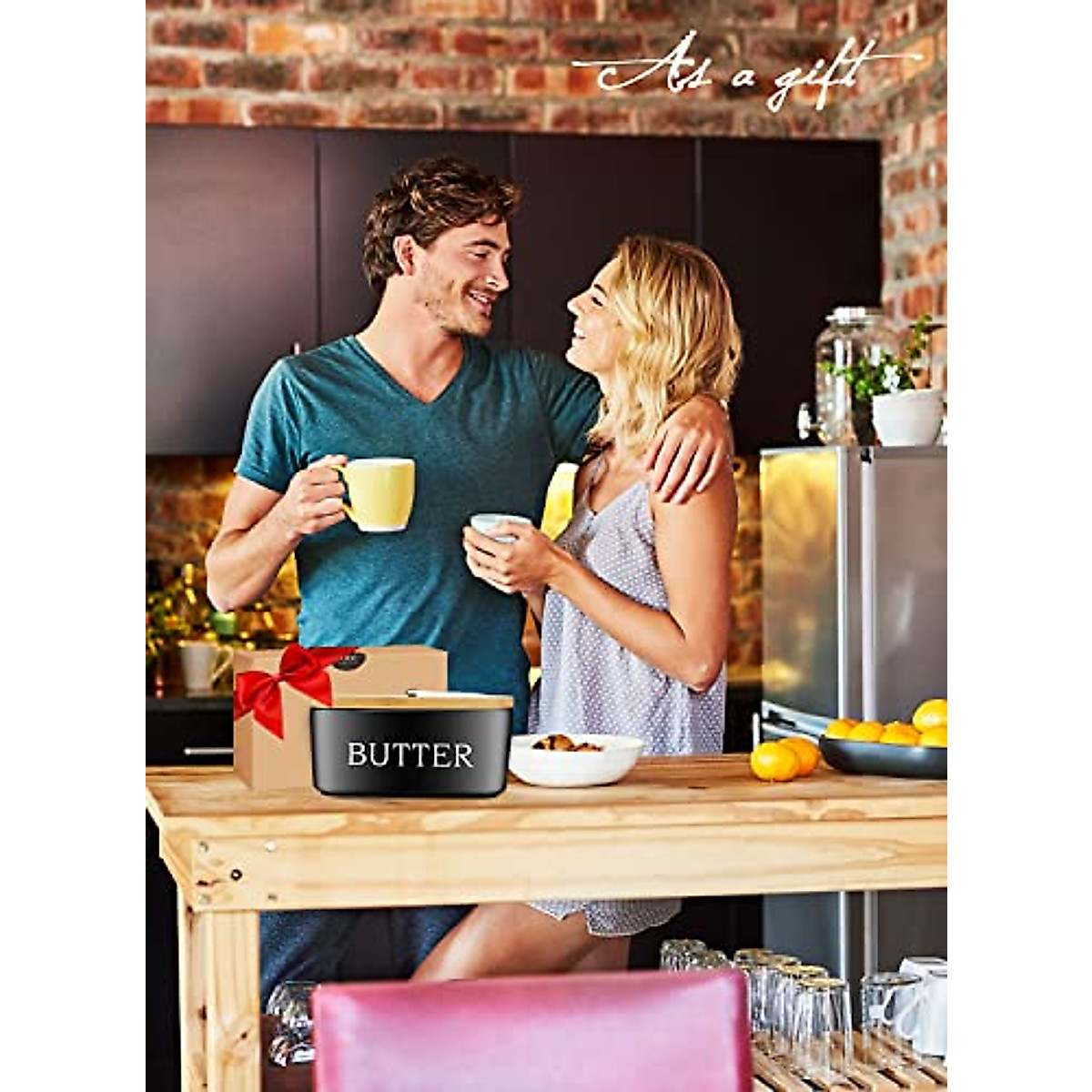 AISBUGUR Large Butter Dish with Lid Ceramics Butter Keeper Container with Knife and High- quality Silicone Sealing Butter Dishes with Covers Good Kitchen Gift Black