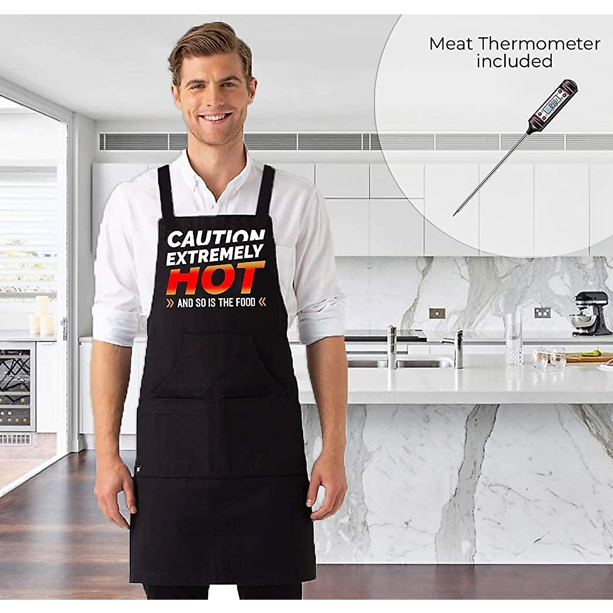 Inovare Designs' Fun Chef Apron - Perfect for Grilling, Cooking, BBQ - Unisex Design - Includes Meat Thermometer - Ideal Kitchen Gift