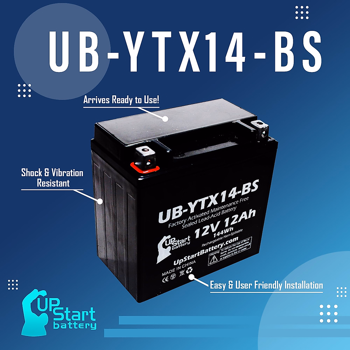 Replacement for 2006 Suzuki LT-F400 Eiger 2WD, F Eiger 4WD 400 CC Factory Activated, Maintenance Free, ATV Battery - 12V, 12AH, UB-YTX14-BS