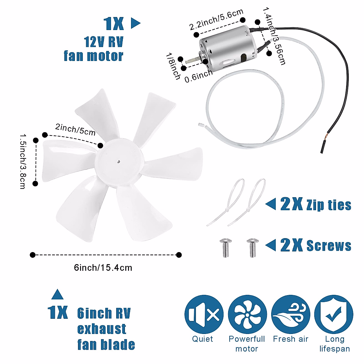 6 inch RV Vent Fan,12V D-Shaft RV Fan Motor with White Fan Blade for RV Bathroom Fan Camper Roof Vent