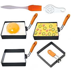 Large 4 Pcs 4 Inch Sqaure Egg Ring for Griddle Frying Egg,4" Non-stick Stainless Steel Square Egg Mold,Square Omelet Ring Pancake Mold Maker With Silicone Insulated Handle Oil Brush & Egg Separator
