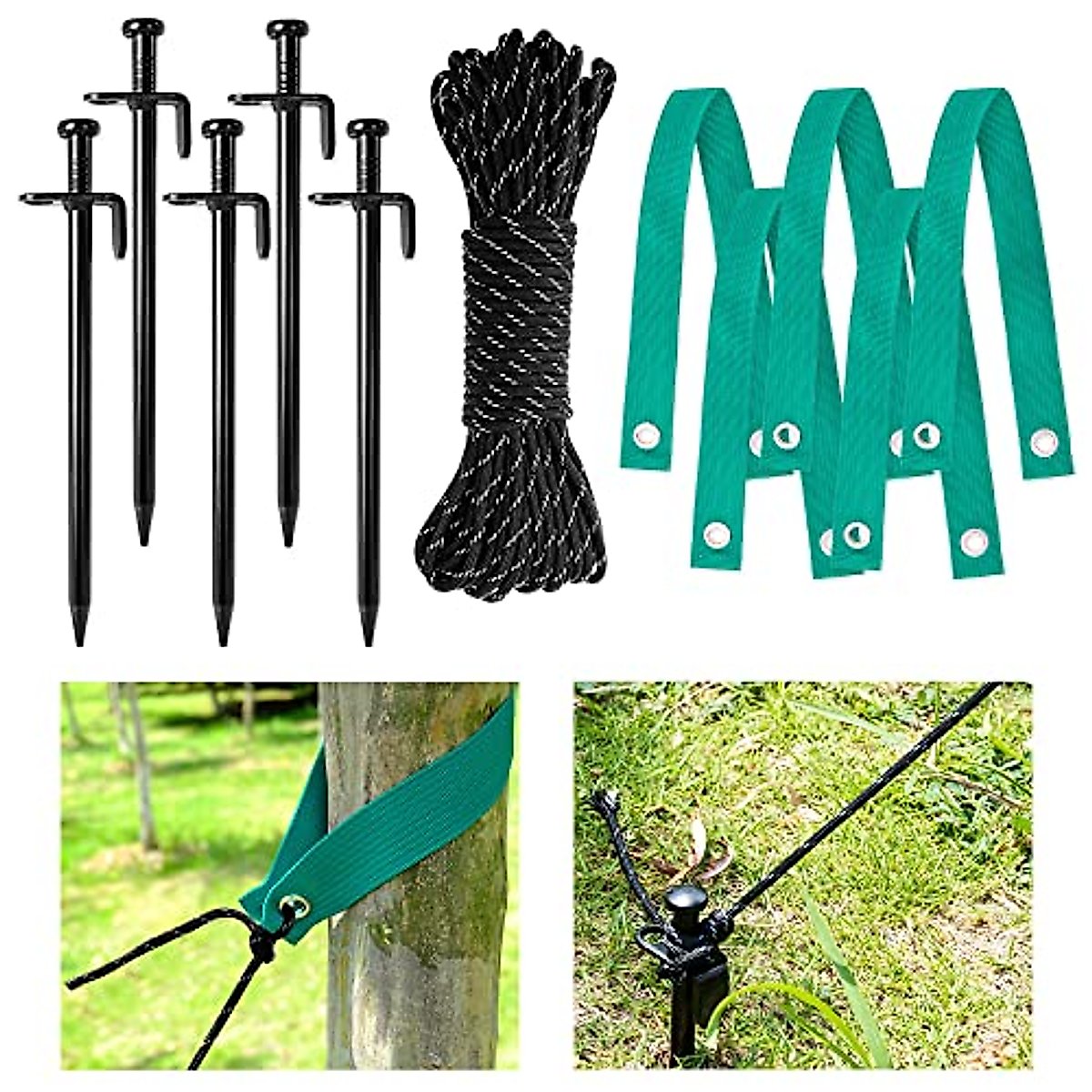 Heavy Duty Steel Tree Stake Kits with Tree Straps and 50ft Reflective Rope Tree Support Anchoring Kit，Tree Supports for Leaning Tree