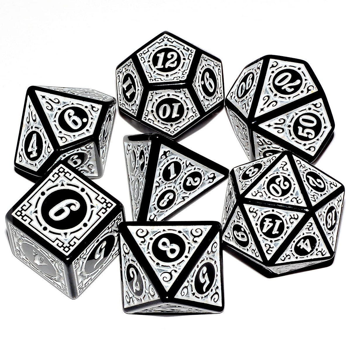 DND Dice 7Pieces, Raised Pattern Black and White Mixed Polyhedral DND Dice for RPG MTG Table Game Dice