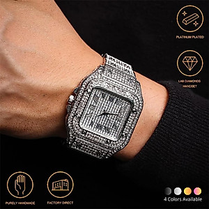 Halukakah Men's Watch - The King - Platinum Plated, 40MM Square Dial, Iced Out Wristband, Comes in Giftbox,Gift for Men Son Husband