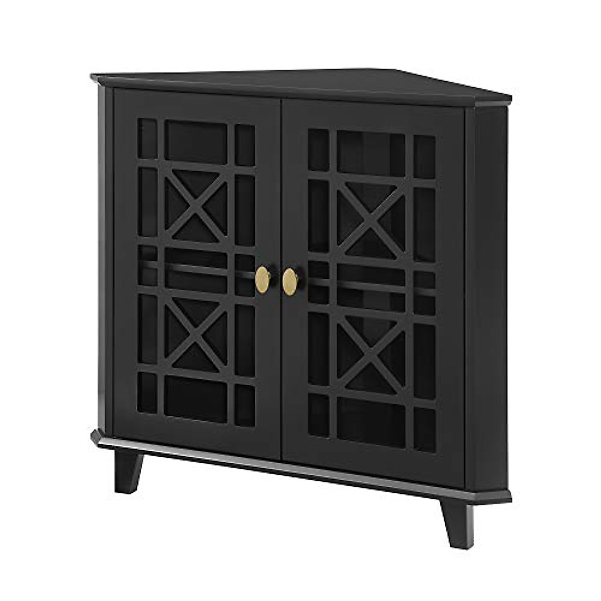 Walker Edison Ronne 2 Door Corner Accent Table with Fretwork Detail, 32 Inch, Black