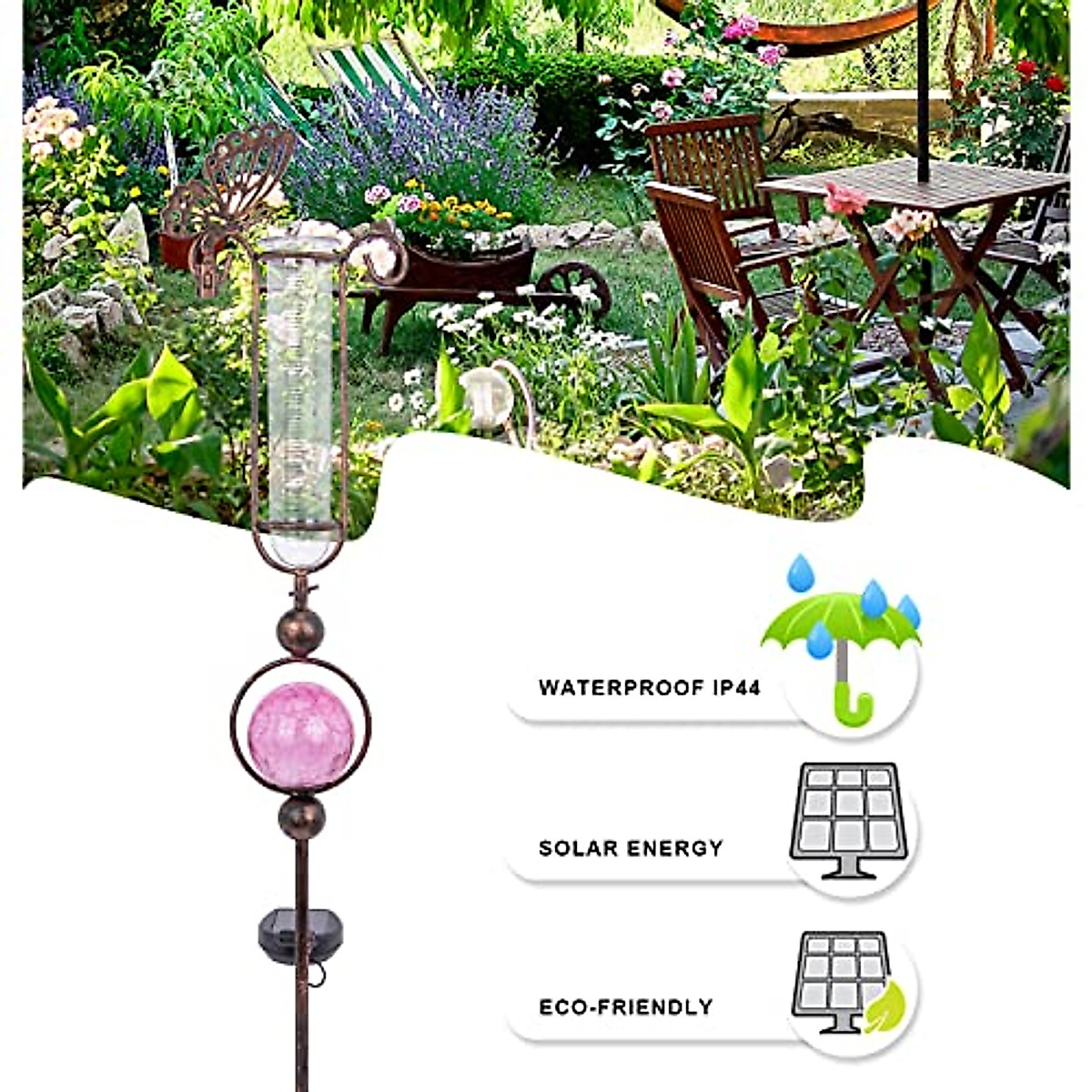 MUMTOP Rain Gauge Outdoor - 36 Inch Solar Butterfly Crackle Glass Stake Lights for Lawn, Yard and Garden