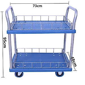 MTYLX Hand Pull Heavy Cart,Double-Layer Multi-Layer Mute Flat Trolley Trolley Pull Goods 4-Wheel Push Truck Small Cart Warehouse Handling Mute with Fence for Luggage, Travel, Auto, Moving and Office