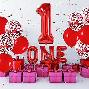 Large - Red One Balloon for First Birthday, 40 Inch Number 1 Balloon, Red 1st Birthday Balloons, Confetti Balloons, Red 1 Balloon 1st Birthday Decorations for Boys, 1 Year Old Balloon