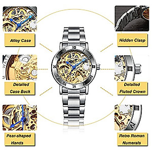 IK Women's Automatic Watch, Steampunk Self Winding Mechanical Bracelet Stainless Steel Wrist Watch for Ladies - Golden Dial