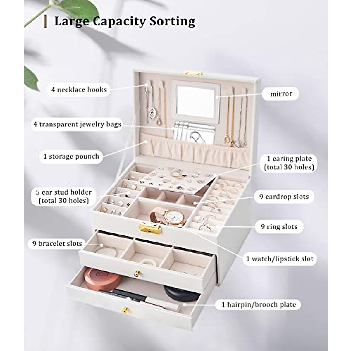 Jewelry Box Organizer for Women Girls, 3 Layer White PU Leather Jewelry Storage Case with 2 Removable Drawers, Mirror, Key Lock and 4 Pcs Jewelry Bags for Rings, Earrings, Necklace, Bracelet