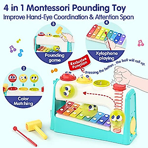 HOLA Toys for 1 Year Old Boy Gifts- 4 in1 Musical Pounding Toy with Xylophone, Baby Toys 12-18 Months, 1 Year Old Toys for Boys Toddler Toys Age 1-2 3, Montessori Toys for 1 Year Old Girl Gifts