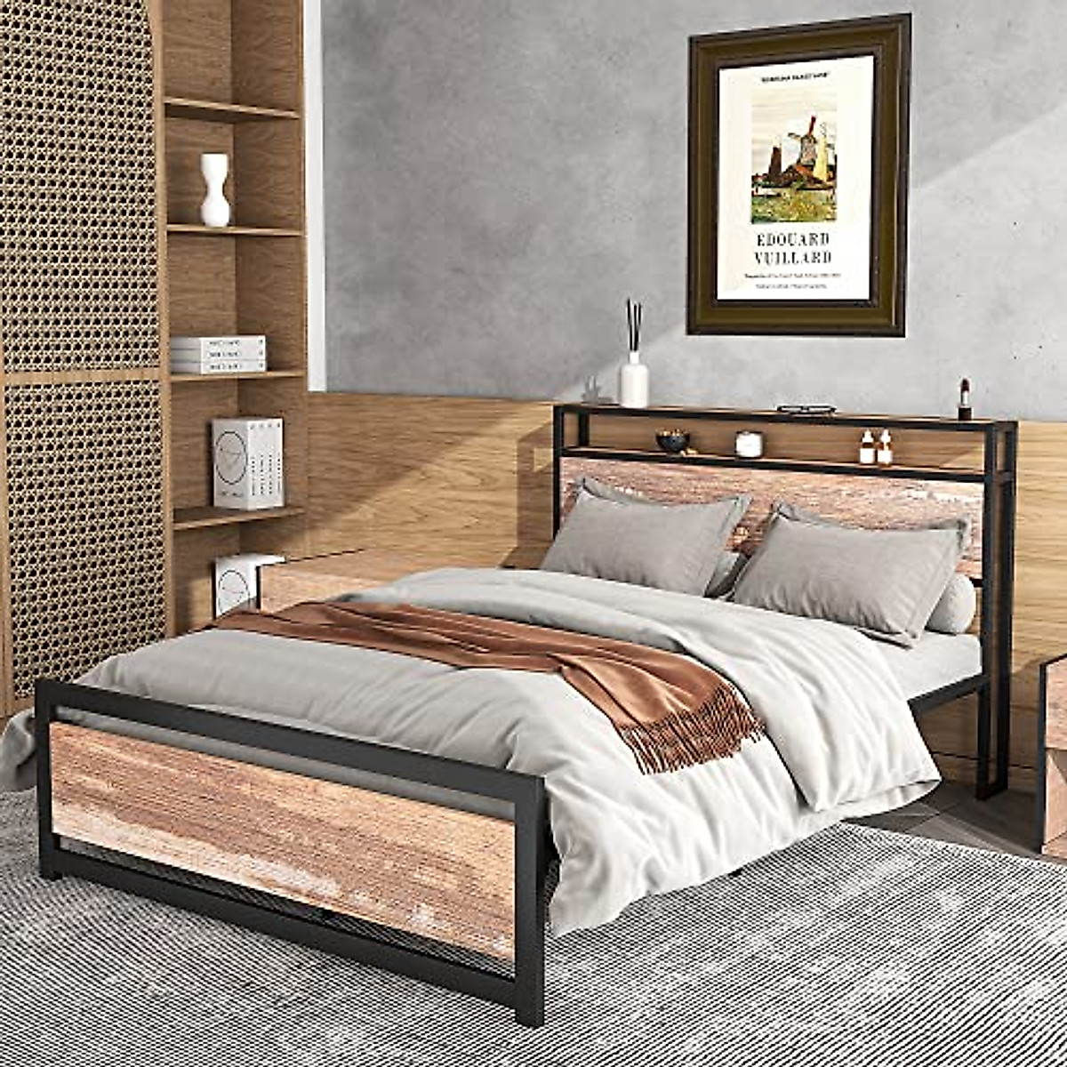 Osfvolr Queen Bed Frame, Industrial Metal Platform Bed Frame with 2 Tier Storage Wooden Headboard and Footboard, Heavy Duty Steel Mattress Foundation, Noise Free, Bedroom Furniture, Rustic Brown