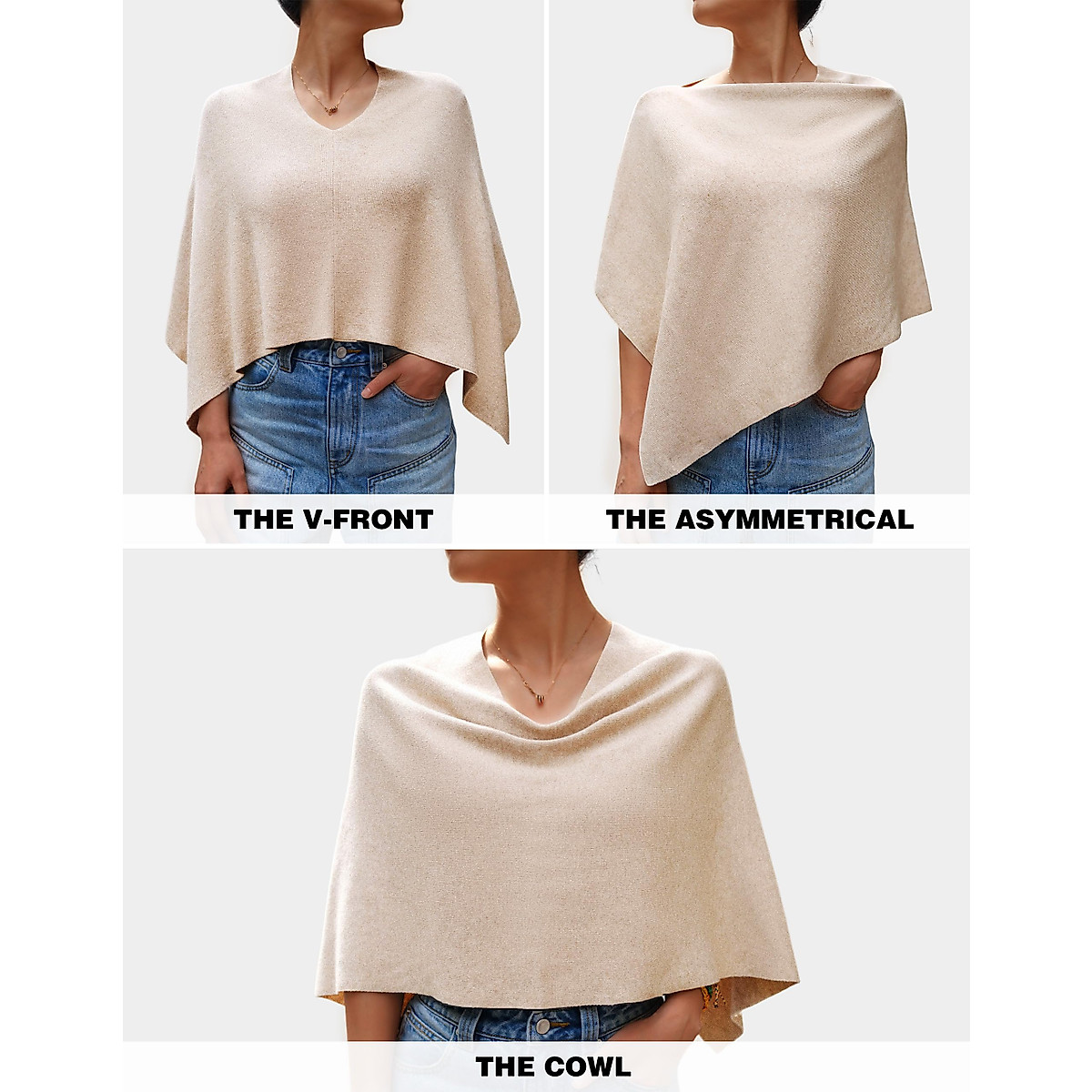 PULI Women Capri Poncho Sweater Cropped Versatile Shawl Soft Knit Shawl Wraps Cowl Neck Ponchos Short Tops Barley Twist