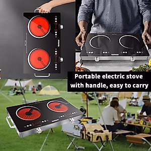 Karinear 2 Burner Electric Cooktop 110V, Portable Electric Stove with Handle, Knob Control Electric Hot Plate, Ceramic Infrared Countertop Burner, Timer, Safety Lock, 9 Power Level, 2000W, 24 inch