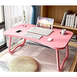 Laptop Desk Foldable Bed Table, Portable Lap Desk Laptop Bed Tray Table with Storage Drawer and Cup Holder, Lap Tray Table Notebook Stand Reading Desk Breakfast Tray for Bed Couch Sofa Floor – Pink