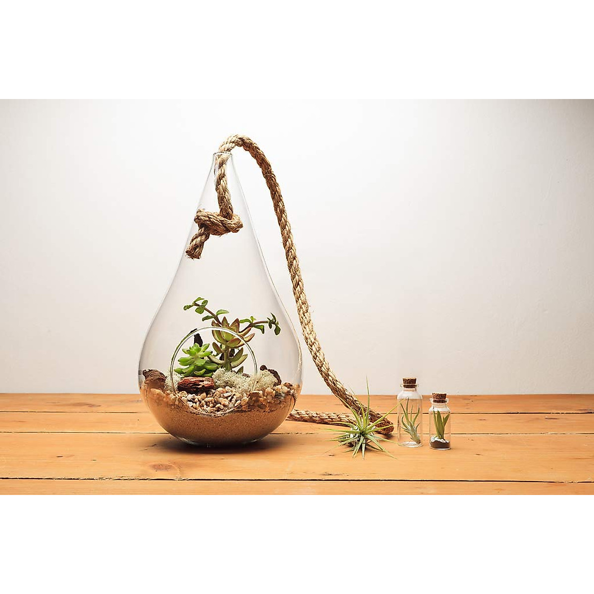 WGV Hanging Planter Terrarium, Width 6", Height 11", DIY Clear Glass Succulents Air Teardrop Floral Container (Including Rope), Candle Holder Vase for Outdoor Indoor Decor, 1 Piece